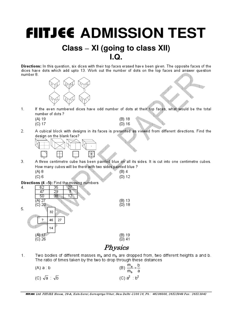 Fiitjee: Admission Test | PDF | Waves | Mass
