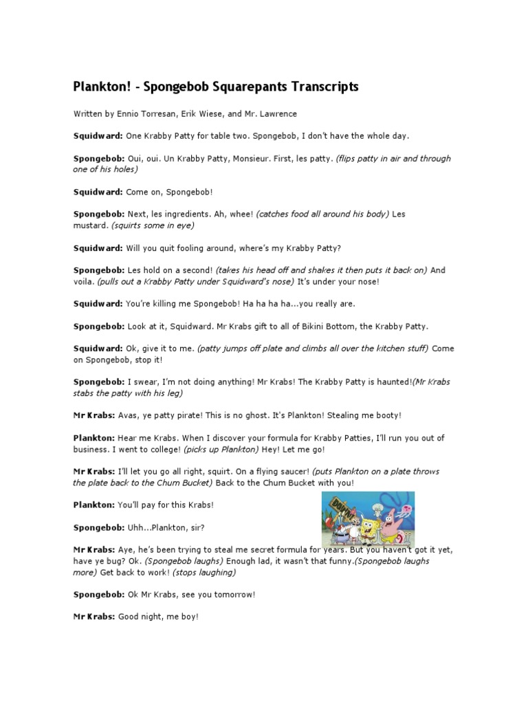 Plankton! - Spongebob Squarepants Transcripts: One of His Holes) | PDF