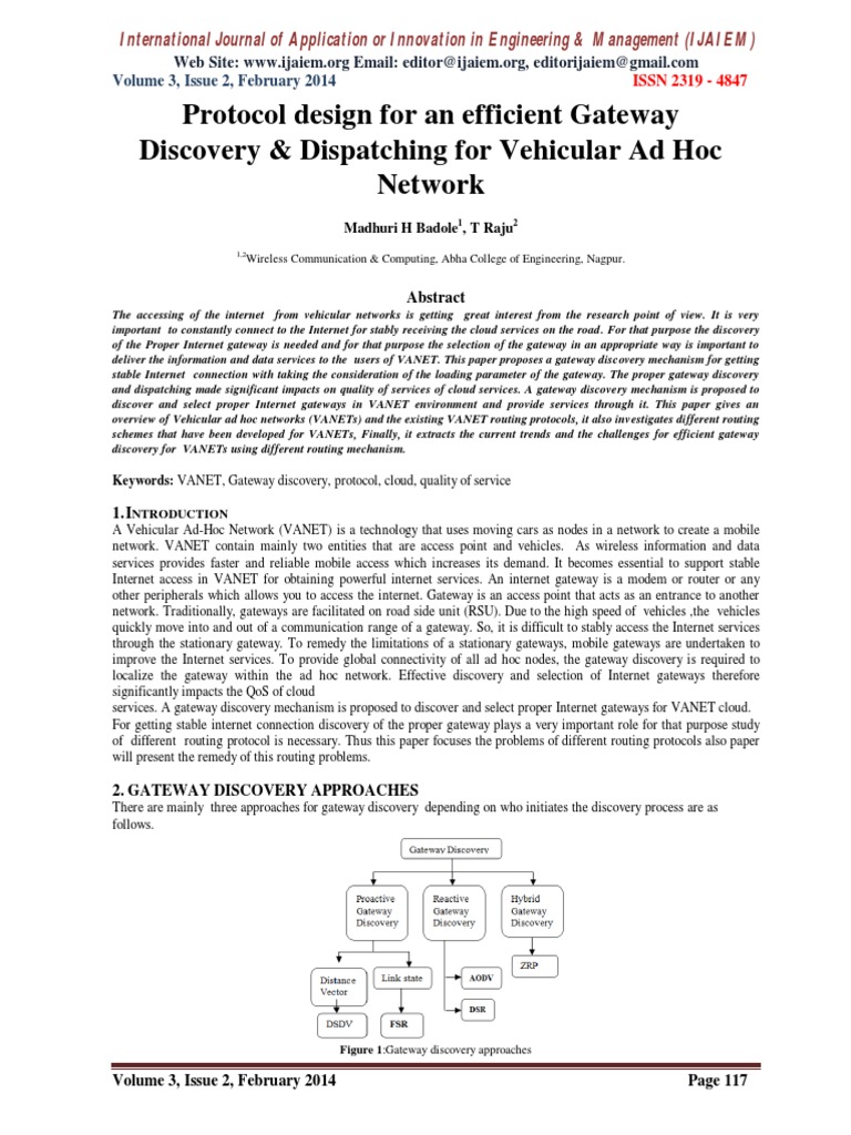 Protocol Design For An Efficient Gateway Discovery & Dispatching For Vehicular Ad Hoc Network ...