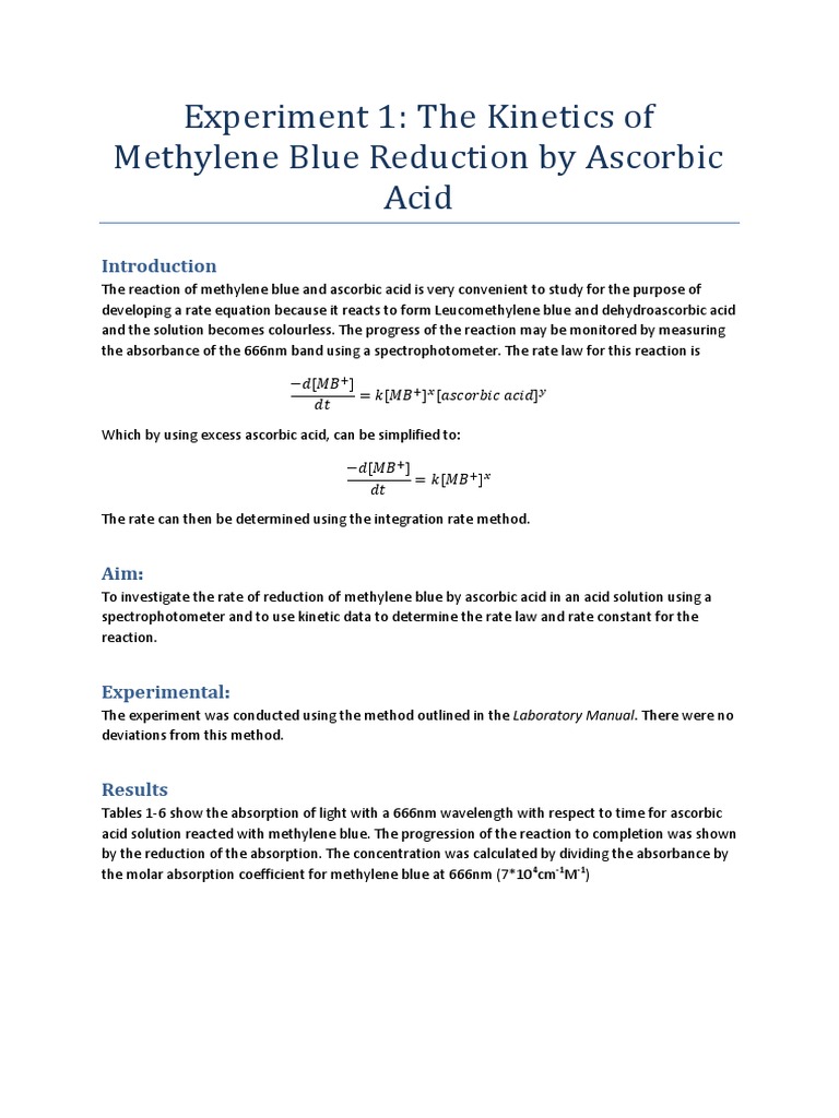 Experiment 1: The Kinetics of Methylene Blue Reduction by Ascorbic Acid ...