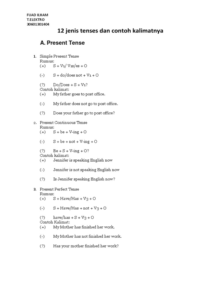 12 Jenis Tenses Dan Contoh Kalimatnya | PDF | Adjective | Morphology