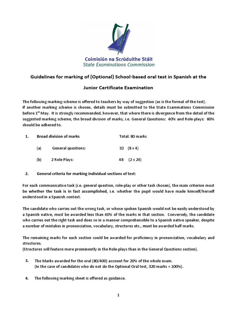 Spanish Oral Test Marking Guidelines | PDF