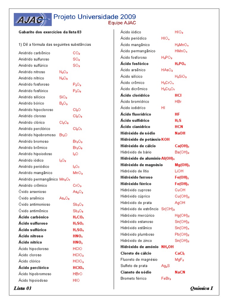 Compostos Químicos - Nomes e Fórmula | PDF | Química Inorgânica ...