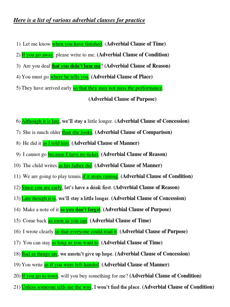 Here Is A List of Various Adverbial Clauses For Practice | PDF