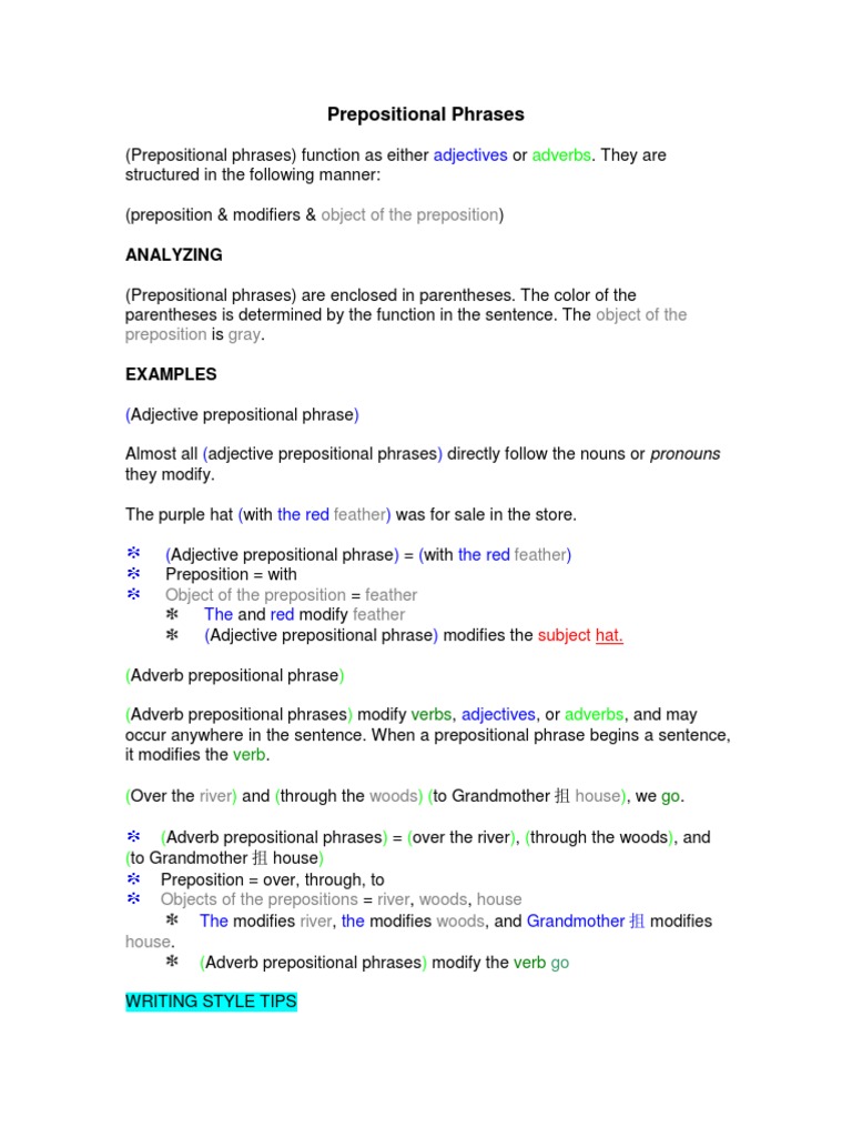 Prepositional Phrases: Adjectives | PDF | English Grammar | Adverb