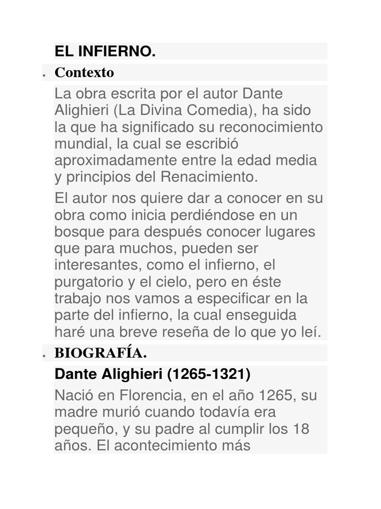 El Infierno | PDF | Infierno (Dante) | Dante Alighieri