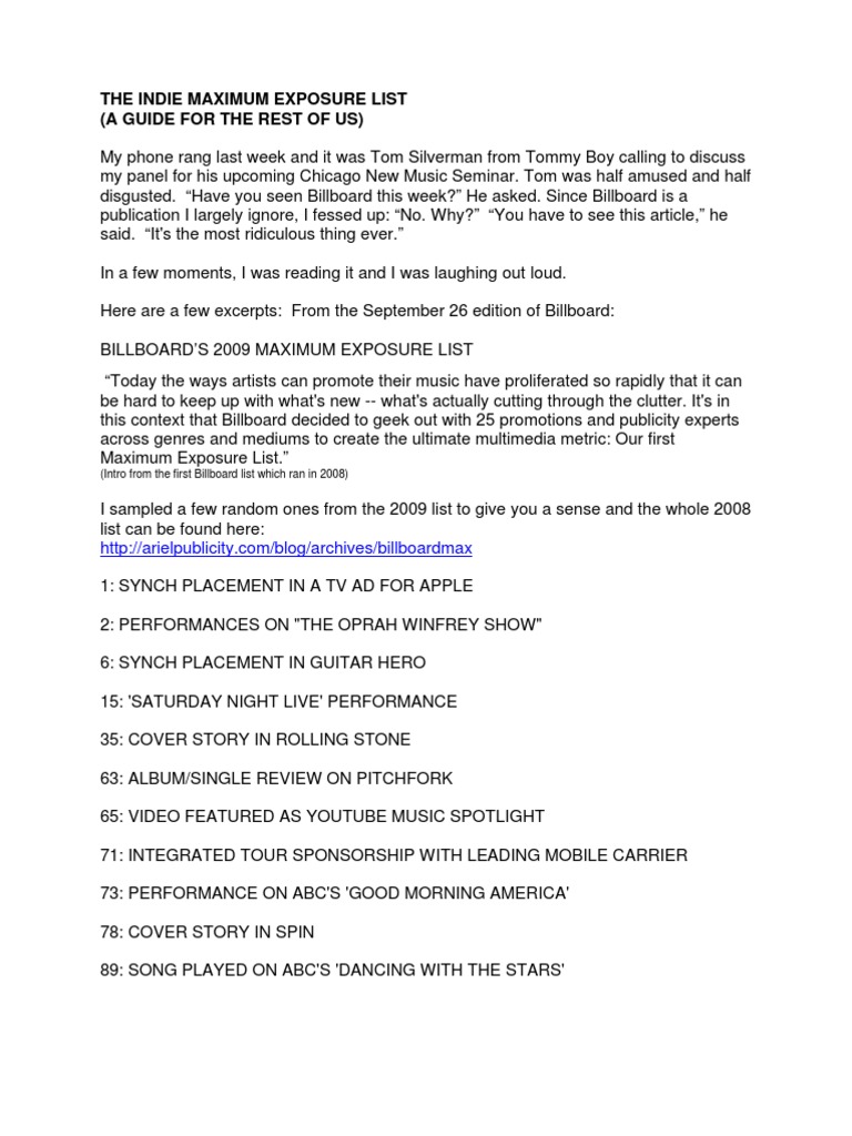 The Indie Maximum Exposure List (A Guide For The Rest | PDF | Social ...