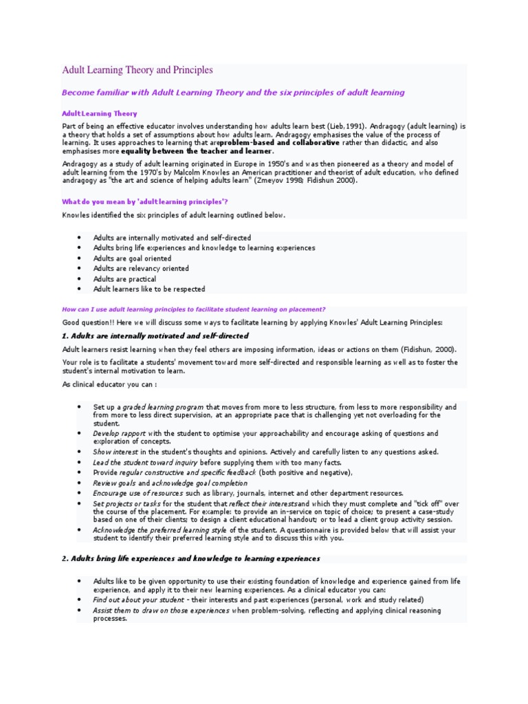 Adult Learning Theory and Principles | PDF | Adult Education | Learning ...