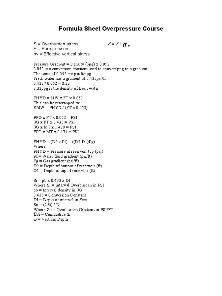 Formula Sheet Overpressure Course | PDF | Petroleum Reservoir | Pressure
