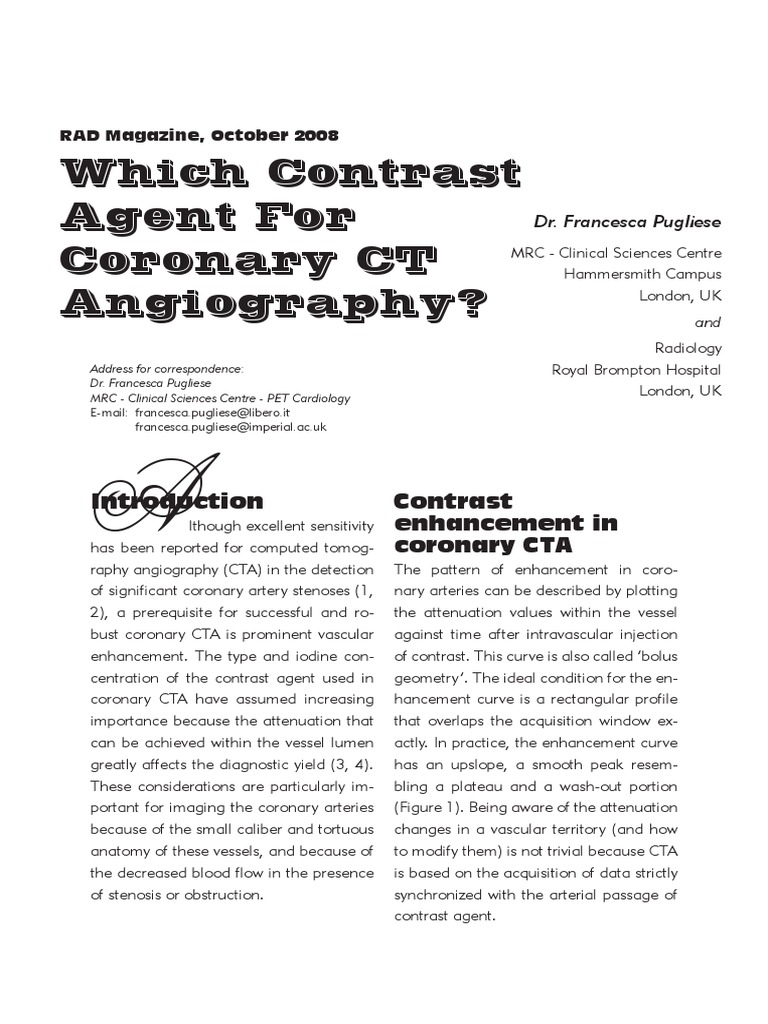 Which Contrast Agent For Coronary CT Angiography? | PDF | Renal ...