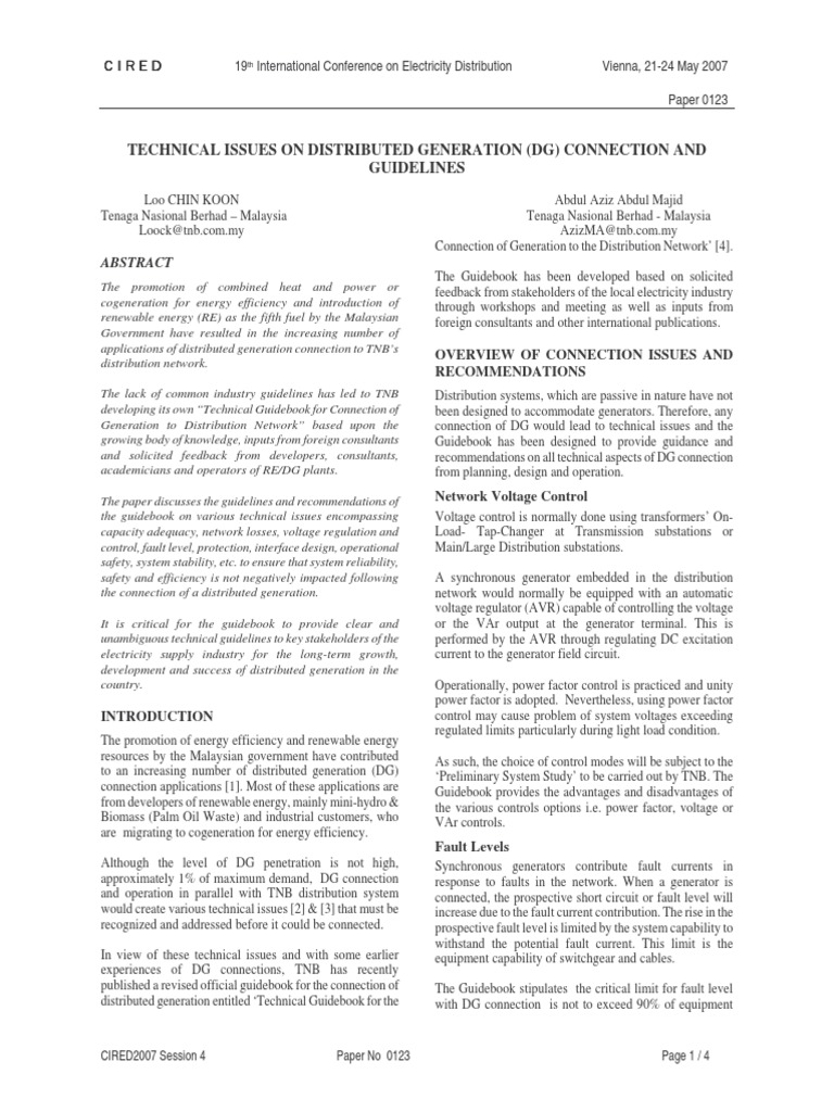 Technical Issues On Distributed Generation (DG) Connection and Guidelines | Download Free PDF ...