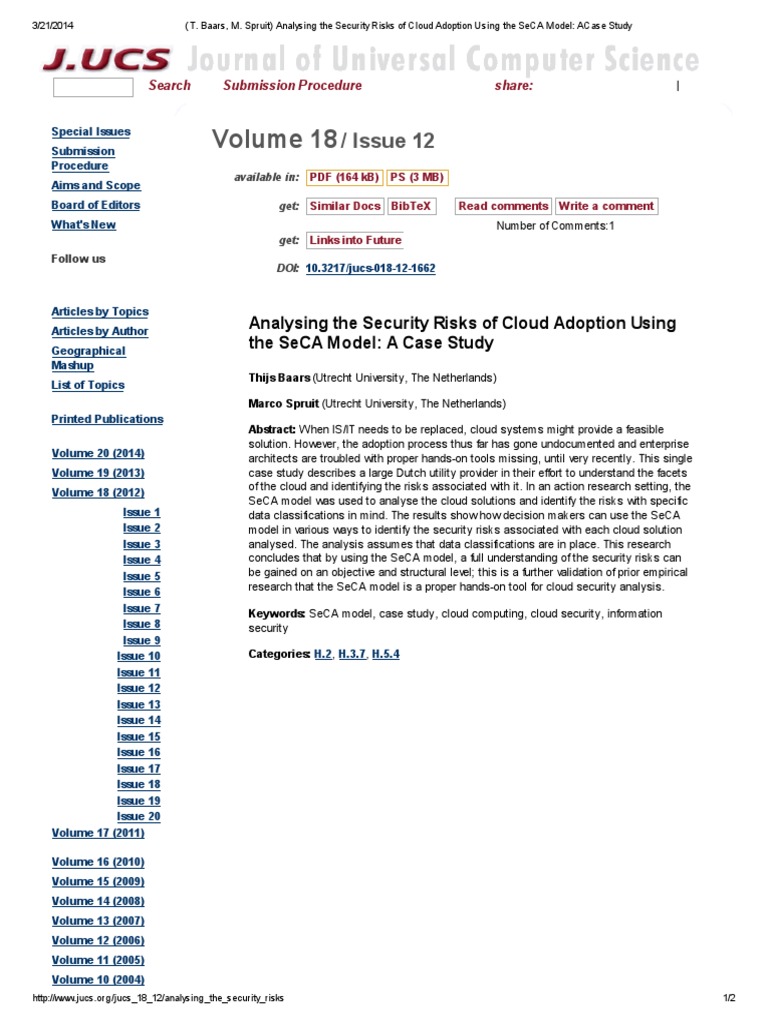 Issue 12: Analysing The Security Risks of Cloud Adoption Using The Seca ...