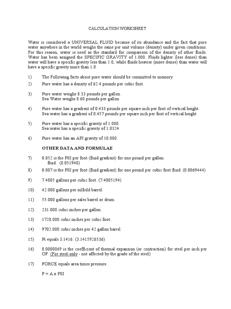 Other Data and Formulae: Calculation Worksheet | PDF | Pressure | Density