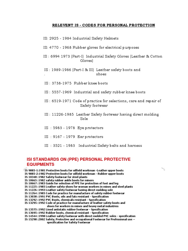 Relevent Is - Codes For Personal Protection: Isi Standards On (Ppe ...