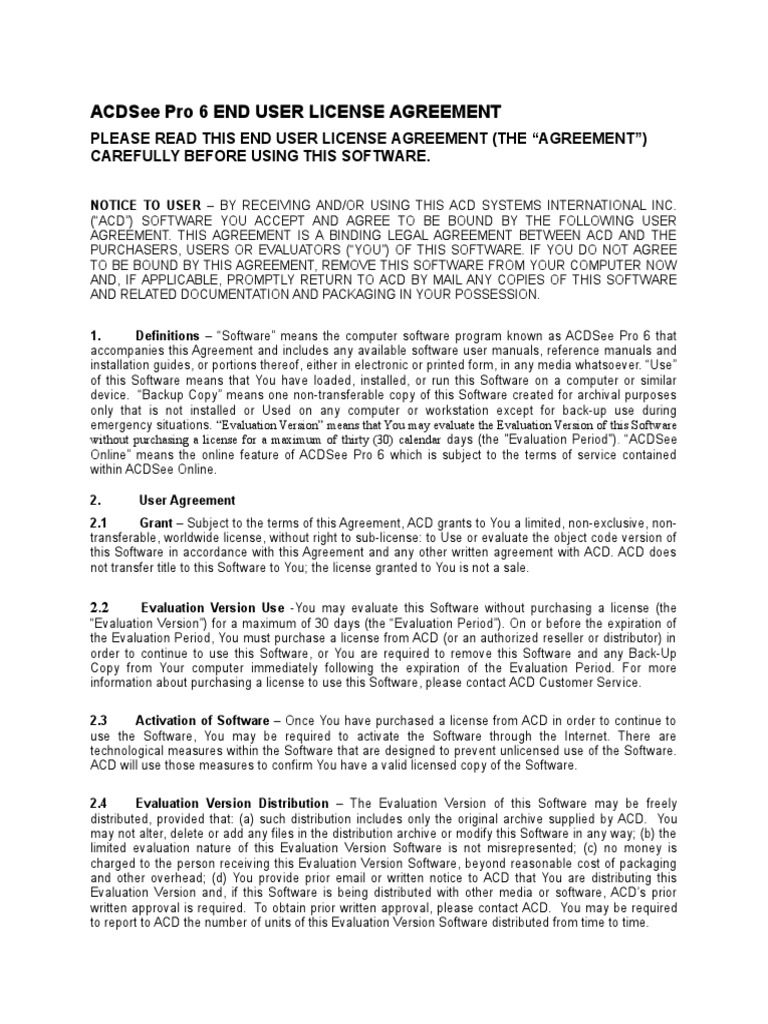 Acdsee Pro 6 End User License Agreement | PDF | Indemnity | Copyright