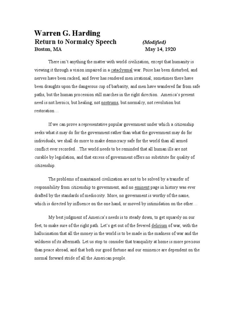 Harding Return To Normalcy | PDF | Politics (General) | Medicine