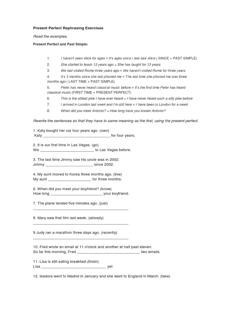 Present Perfect Rephrasing Exercises | PDF | Linguistics | Language ...