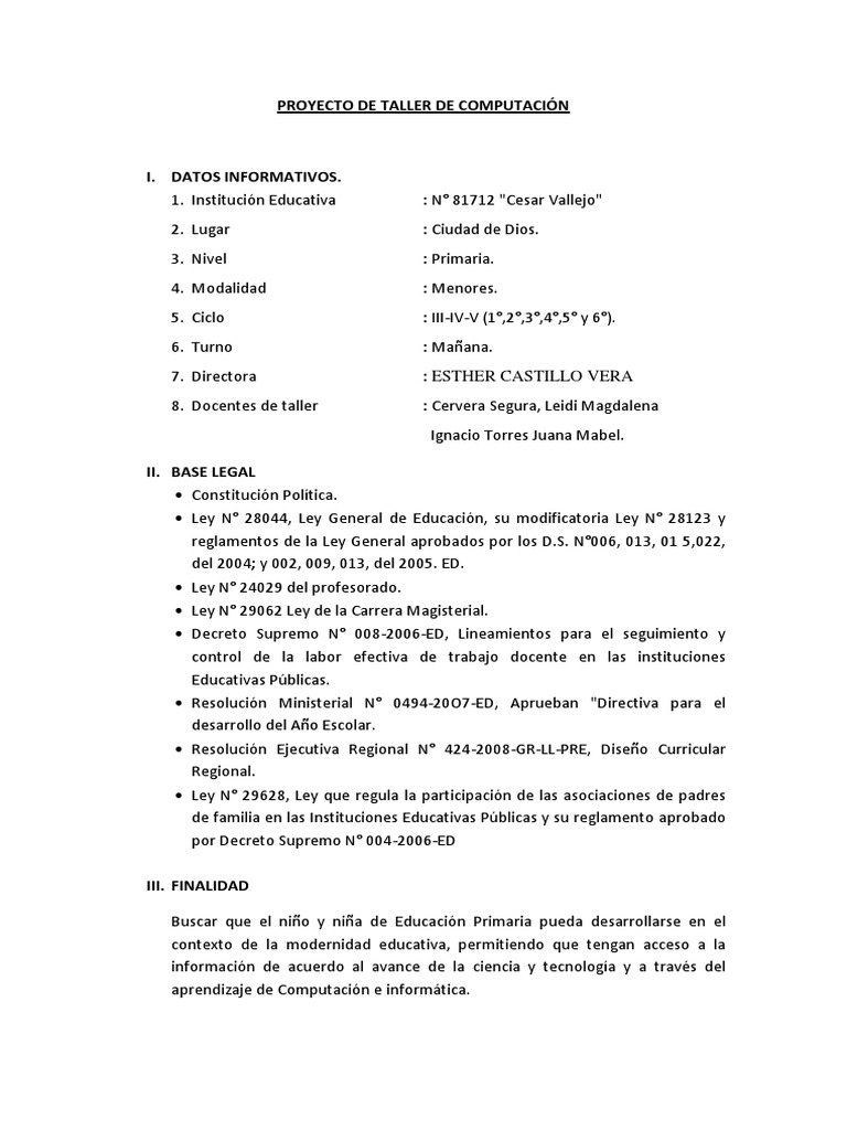 Proyecto De Taller De Computación Pdf Educación Primaria Maestros