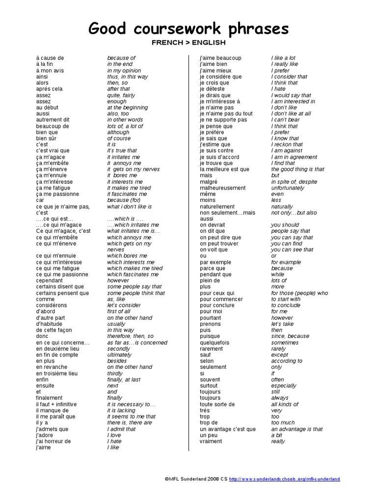 AQA A2 Level French Essay Writing Phrases | PDF