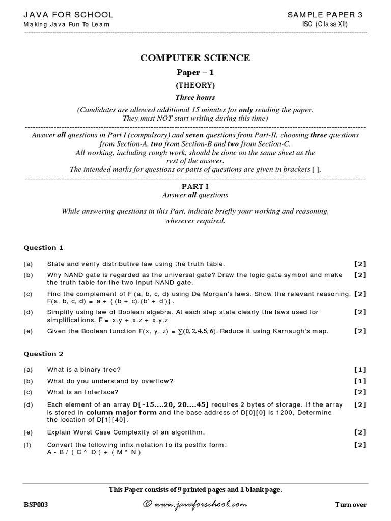 Computer Science [isc] Sample Practice Paper 3 Method Computer Programming Constructor