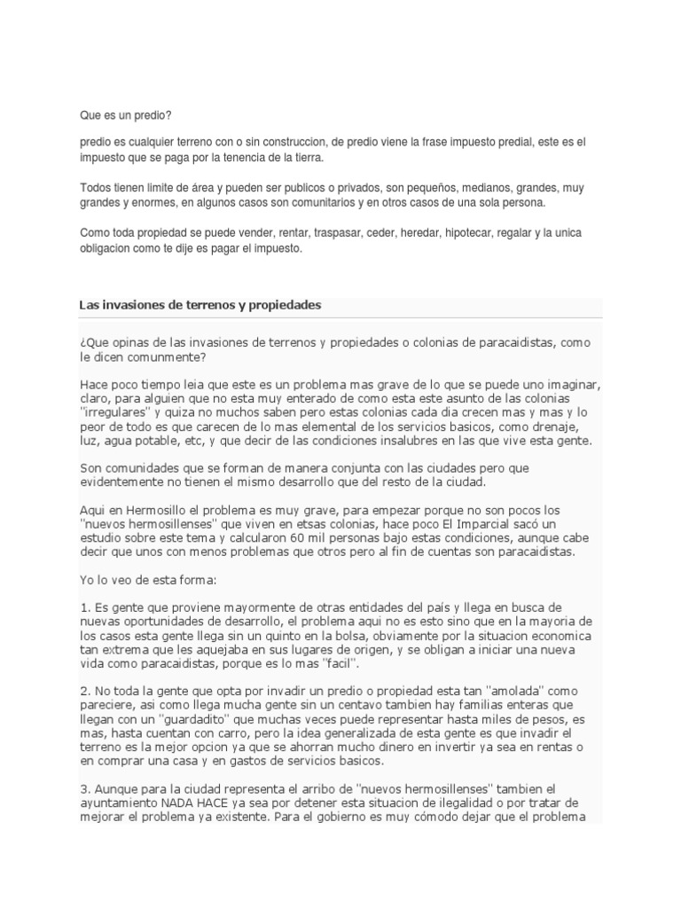 Que Es Un Predio | Descargar gratis PDF | Chabolas | Posesión (Ley)