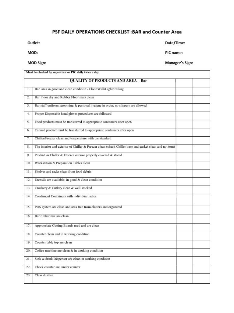 PSF Daily Operations and Cleaning Checklist | PDF | Tableware | Bar