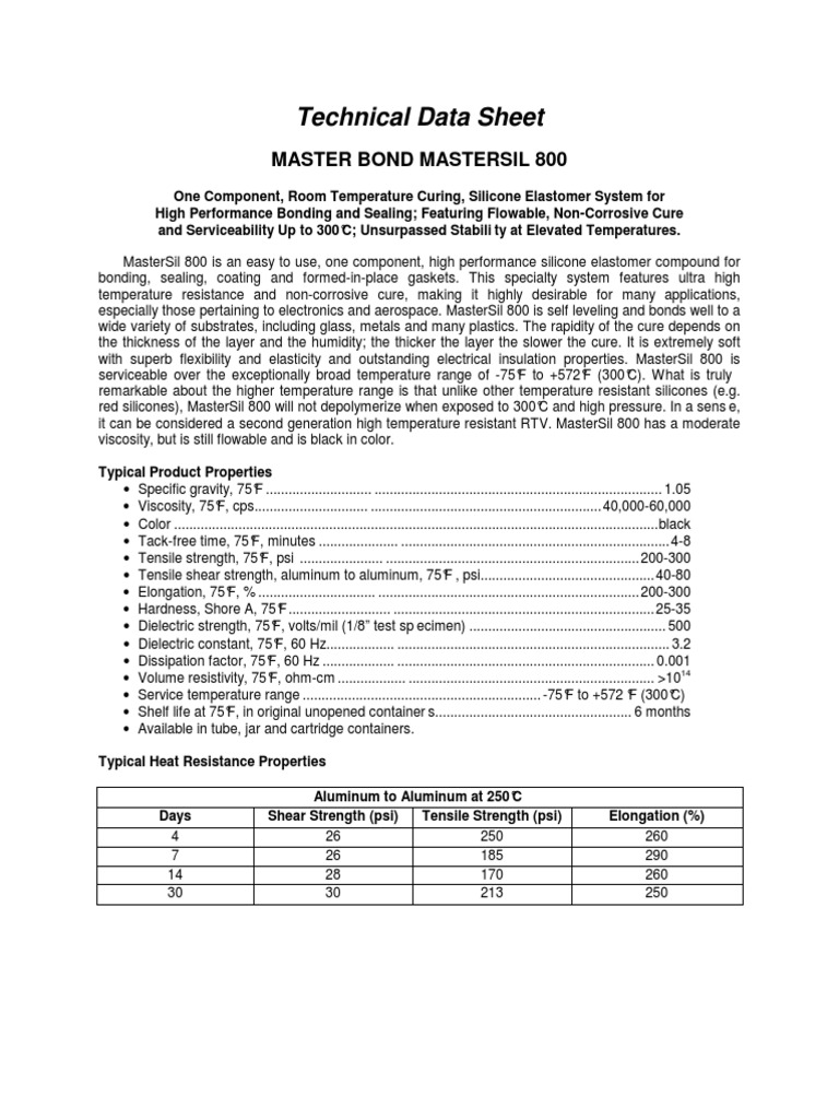MasterSil 800 Technical Data Sheet | PDF | Silicone | Elastomer