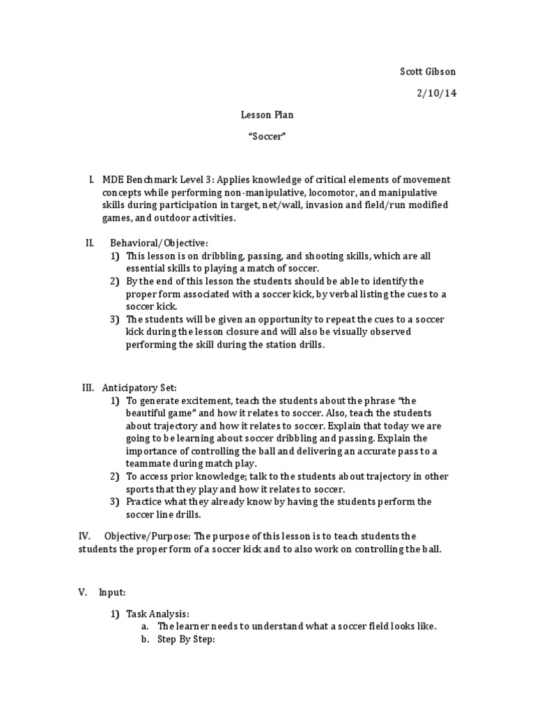 Lesson Plan Soccer Middle School | PDF | Lesson Plan | Association Football