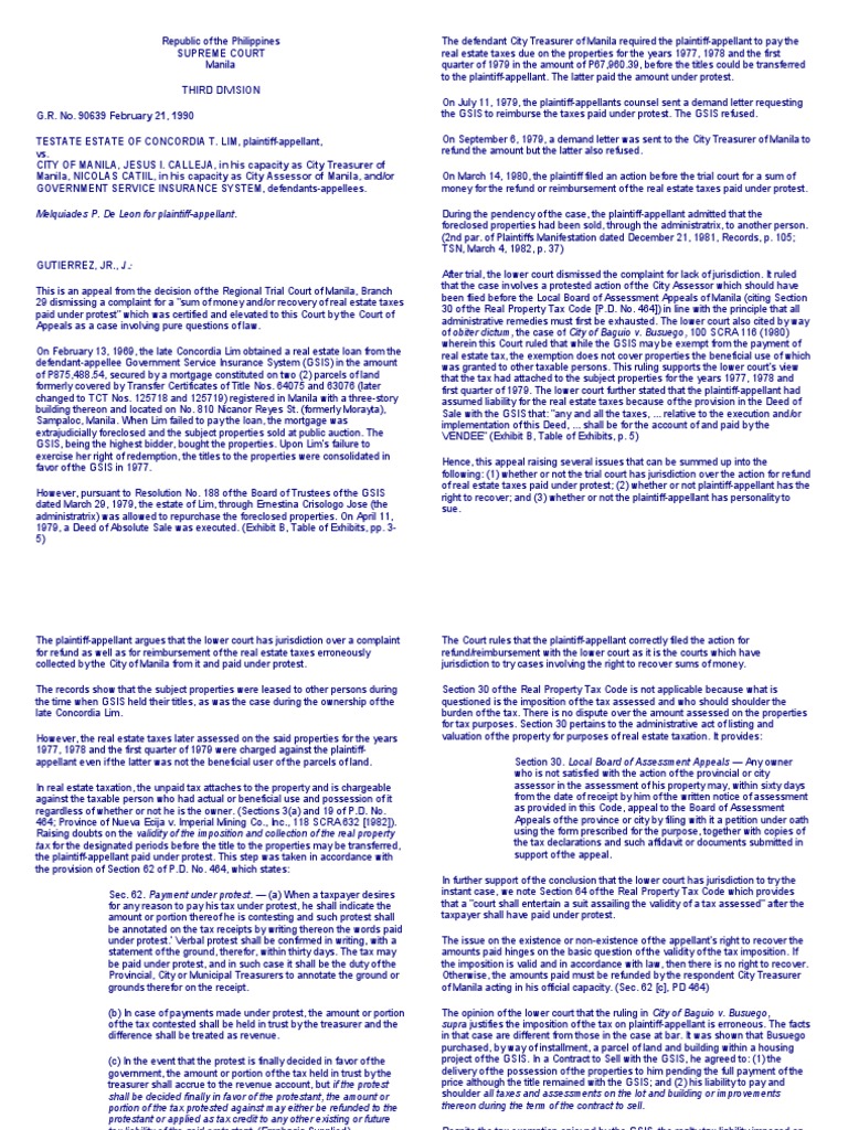 Testate Estate of Concordia Lim vs. City of Manila (February 21, 1990 ...