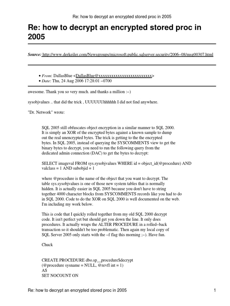 Decrypt Stored Procedures | PDF | Microsoft Sql Server | Encryption