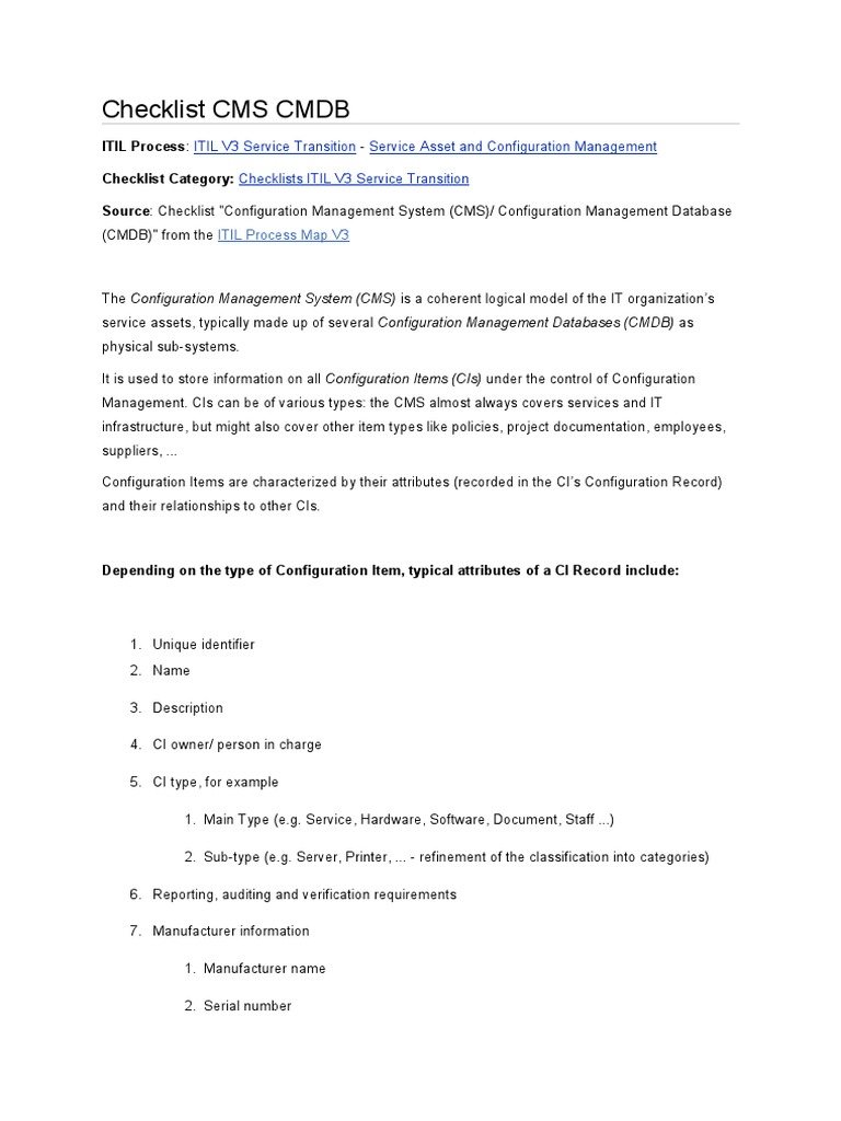 Checklist CMDB | PDF | Itil | Intellectual Works