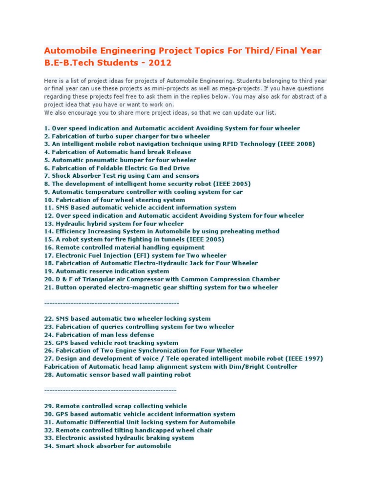 Automobile Engineering Project Ideas | PDF | Engines | Vehicles
