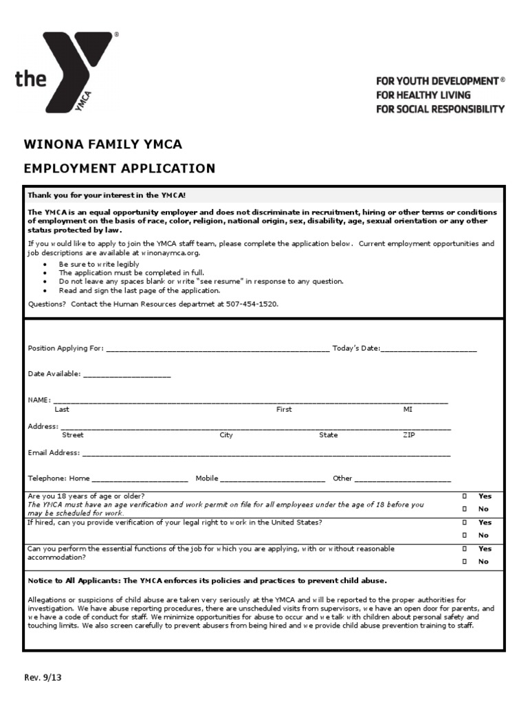 Winona Family Ymca Employment Application: Personal Information | PDF ...