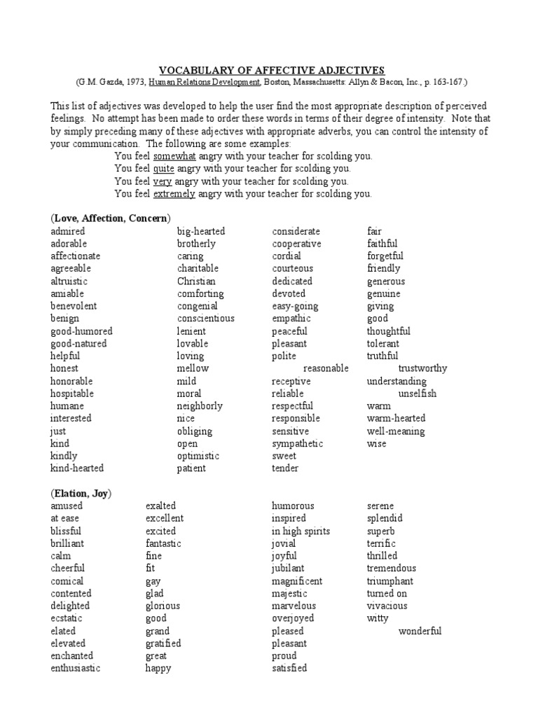 Vocabulary of Affective Adjectives | PDF | Language Arts & Discipline ...