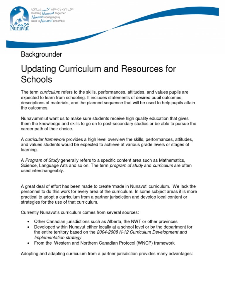 Background: Nunavut Government Framework For Updating Curriculum | PDF ...
