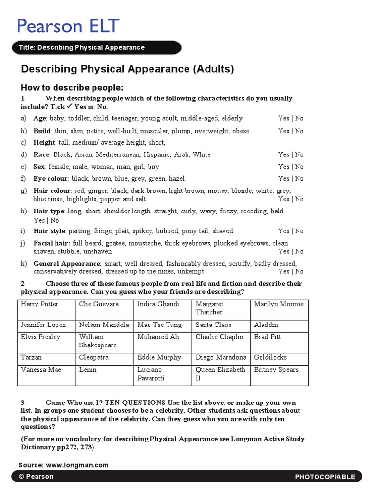 Describing Physical Appearance Worksheet 4º | PDF