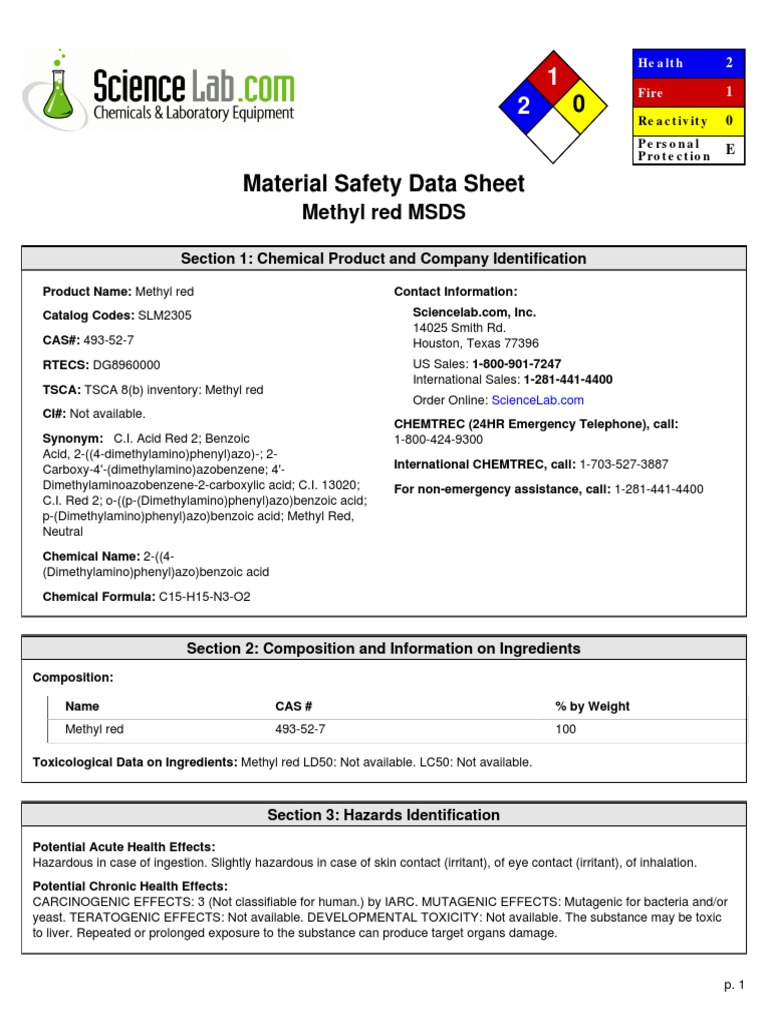 Methyl Red MSDS: Section 1: Chemical Product and Company Identification ...