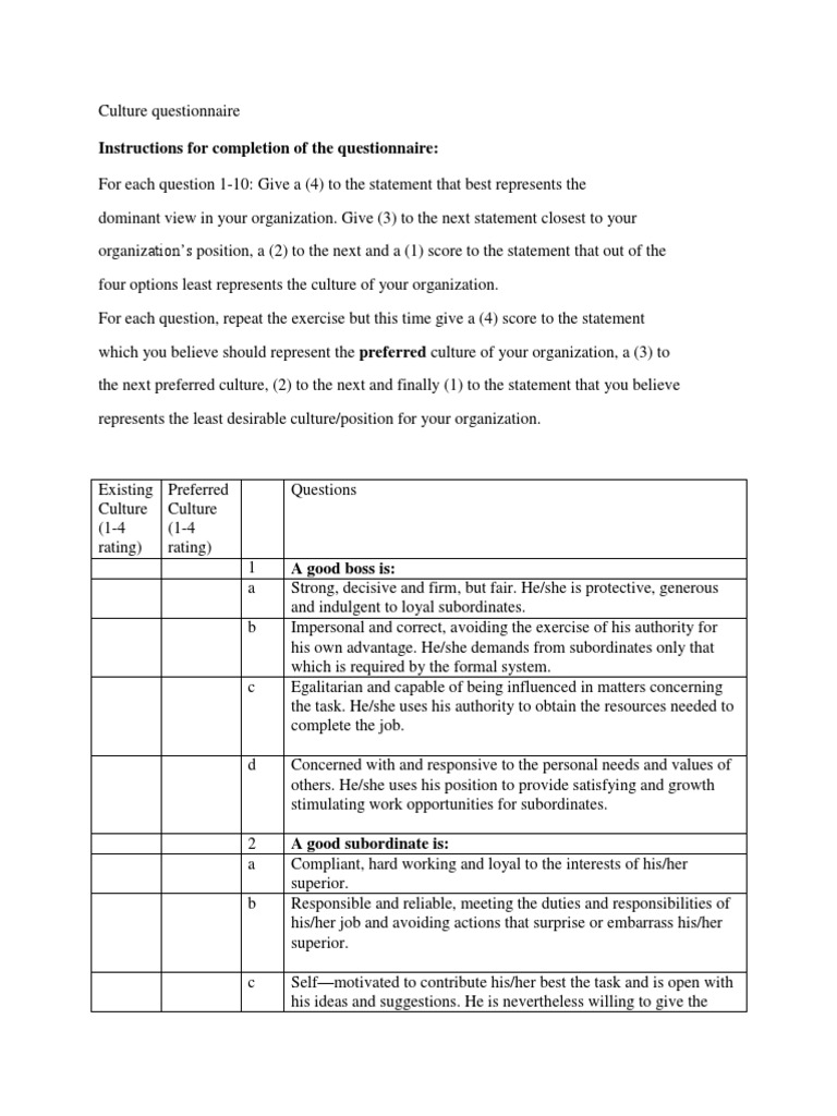 Culture Questionnaire Instructions | PDF | Power (Social And Political ...