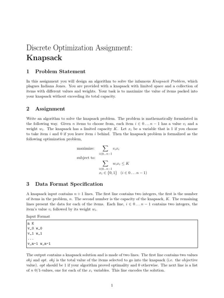 Knapsack Problem Handout | PDF | Mathematical Optimization | Algorithms And Data Structures