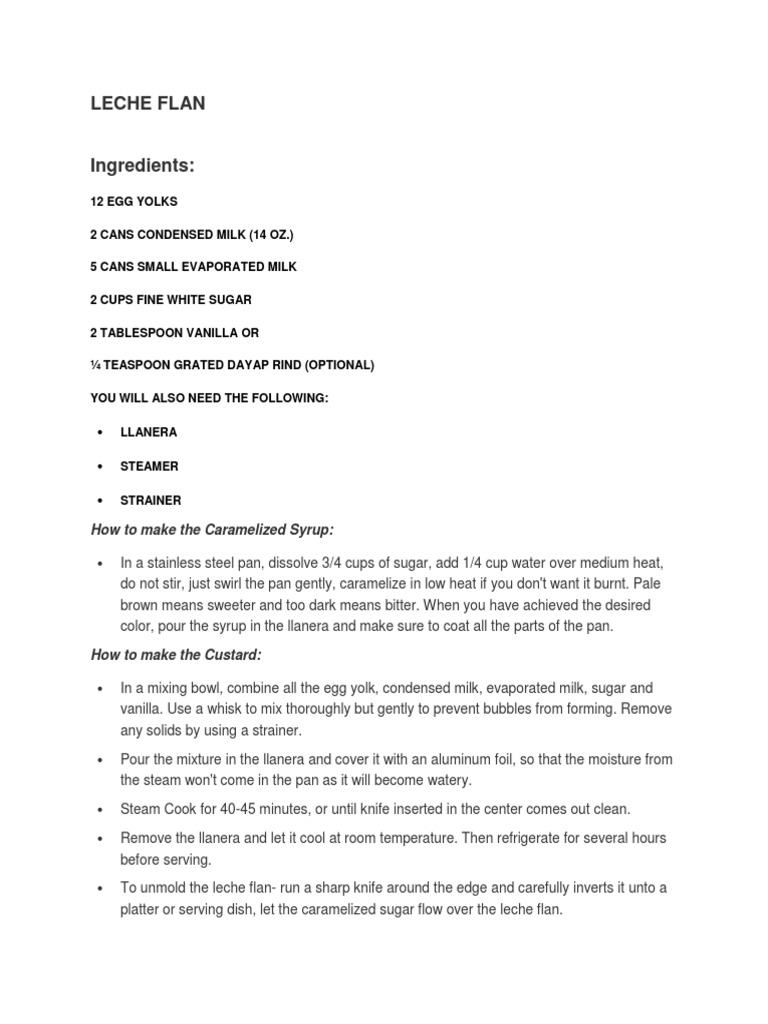 Recipe and Procedure of Leche Flan | PDF | Custard | Foods