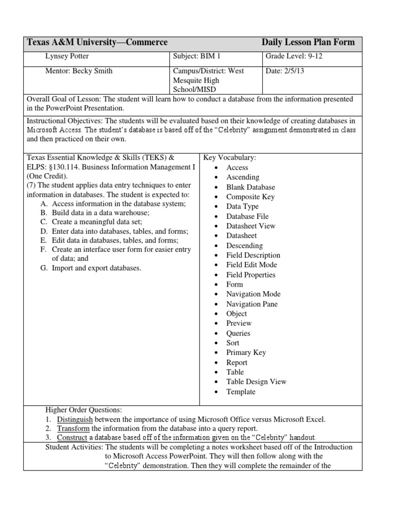 Microsoft Access Intro Lesson Plan | PDF | Microsoft Access | Databases