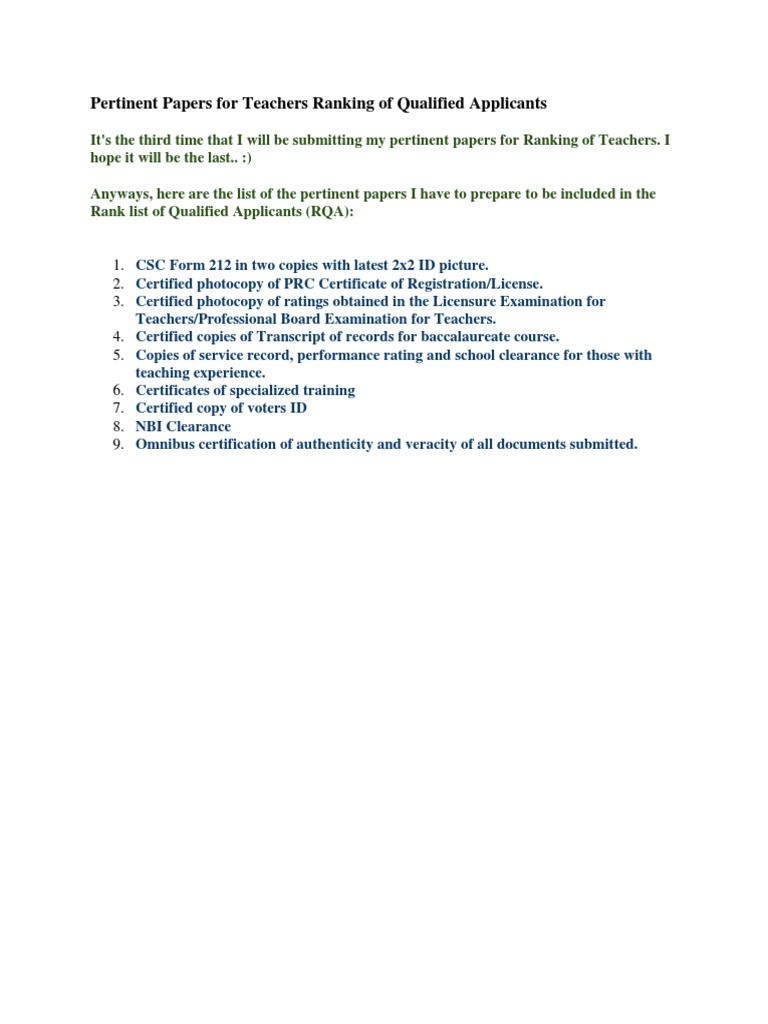 Pertinent Papers For Teachers Ranking of Qualified Applicants | PDF ...