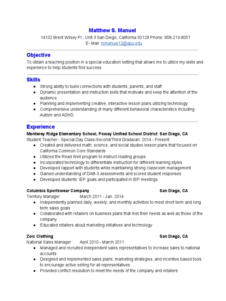 Matthews Manuelresume3-23-14 | PDF | Sales | Lesson Plan