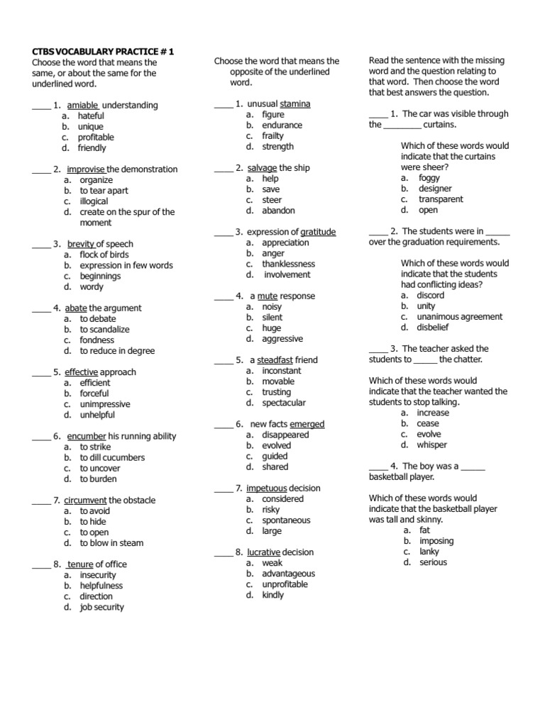 Ctbs Vocabulary Practice #1 | PDF