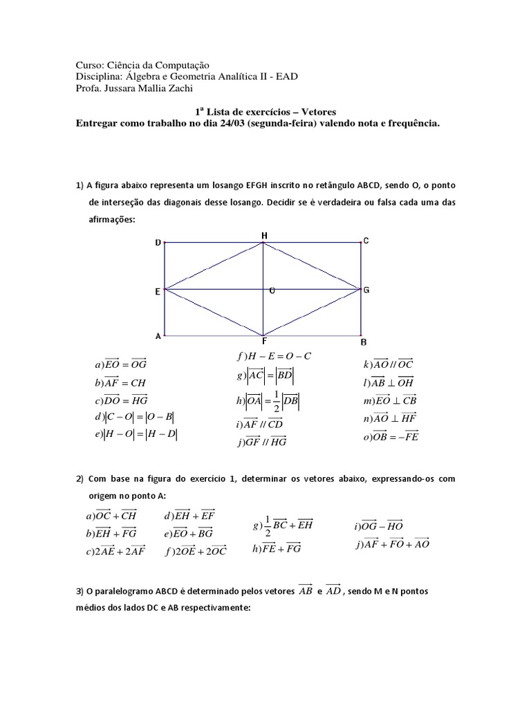 Lista1 Vetores Alg GA BCC 2014 | PDF | Vetor euclidiano | Cálculo vetorial