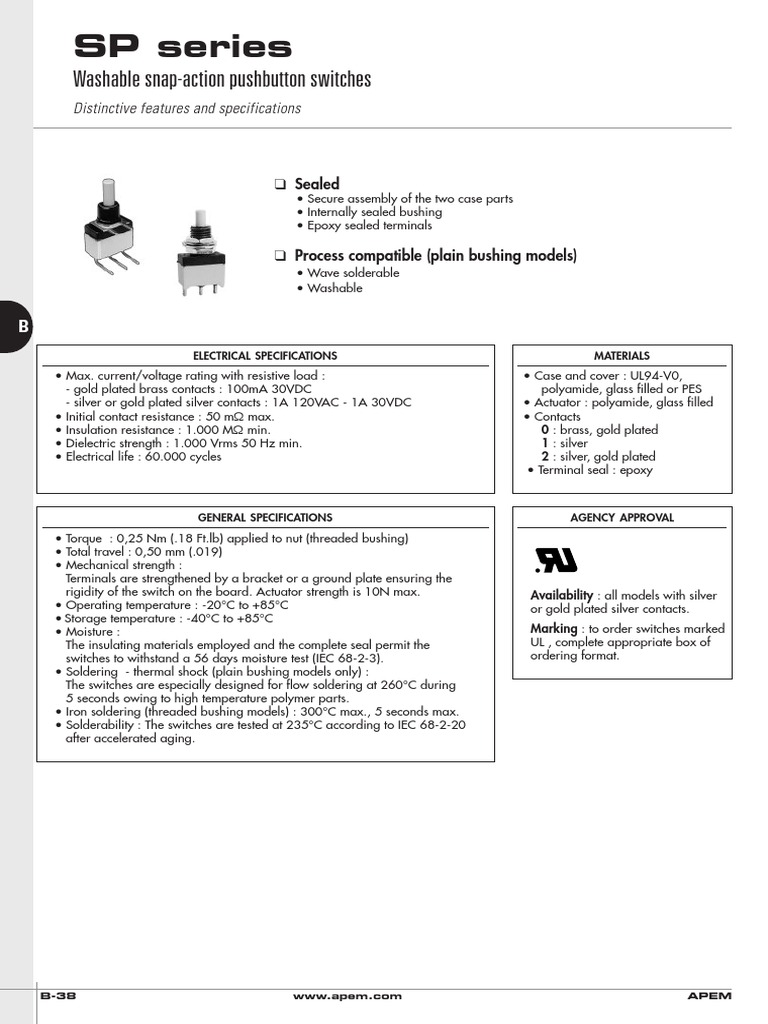 SP Series: Washable Snap-Action Pushbutton Switches | PDF | Switch ...
