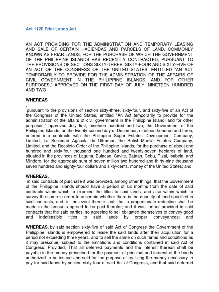 Act 1120 Friar Lands Act | PDF | Lease | Bonds (Finance)