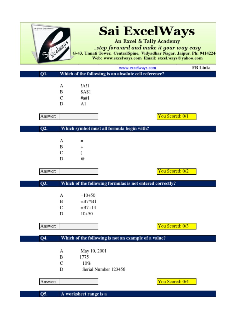 ExcelWays MS-Excel MCQ Set 1 | Download Free PDF | Microsoft Excel | Software