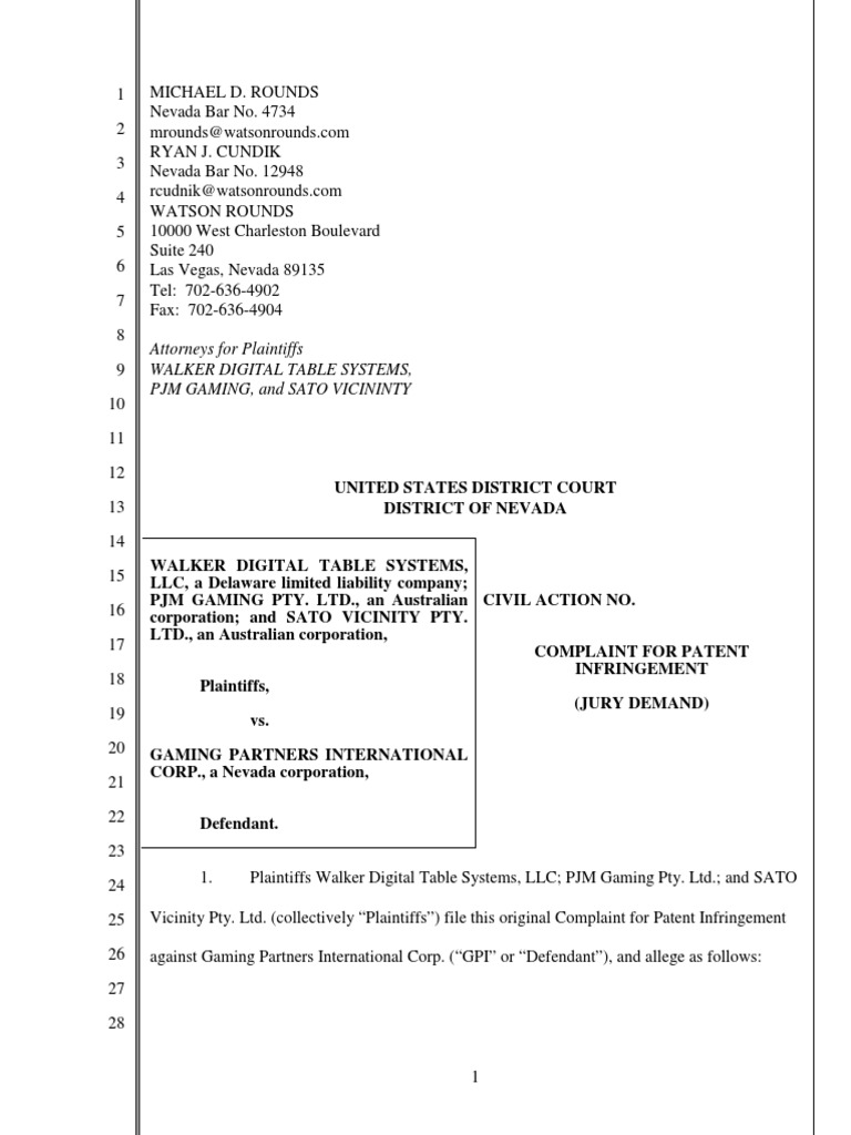 Walker Digital Table Systems Et. Al. v. Gaming Partners International ...