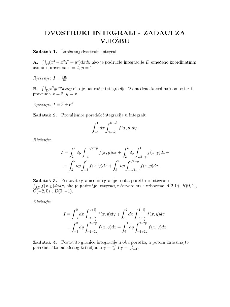 Dvostruki Integrali - Zadaci Za Vježbu | PDF